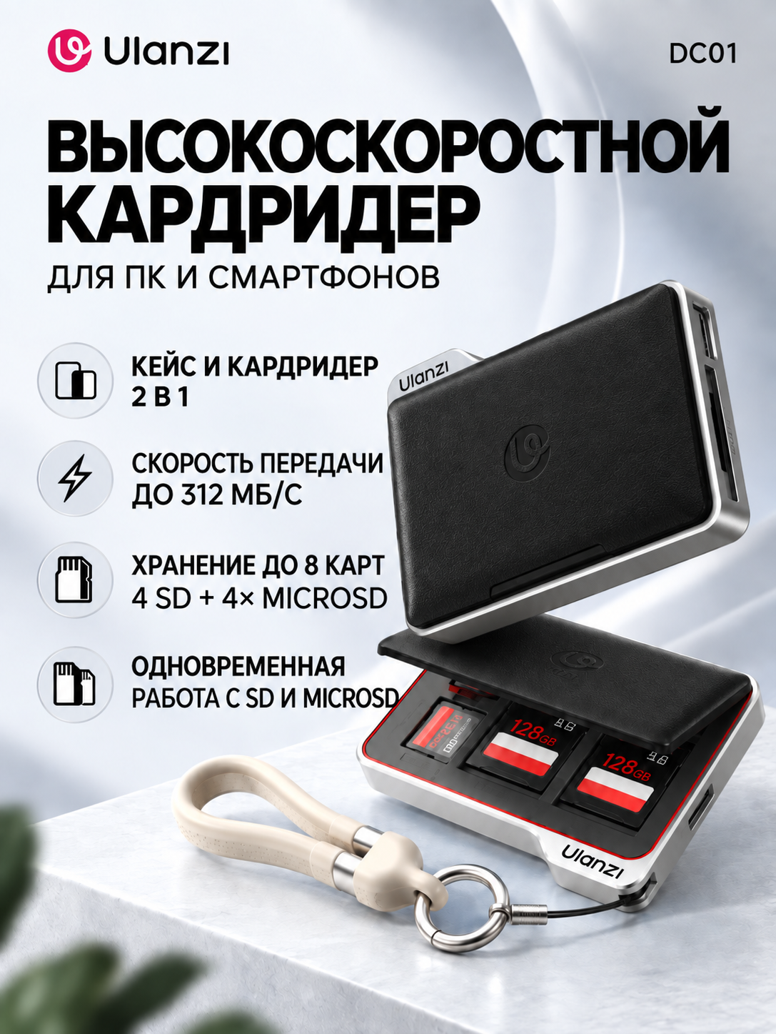 Портативный картридер Ulanzi DC01 (Type-C, 312 MB/s), кейс для 8 карт памяти, черный X148