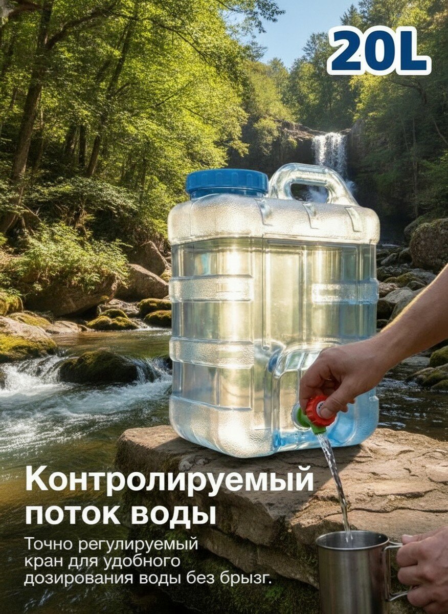 Складное синее ведро-бак с краном для воды, пищевая пластмасса, Объем 20 литров, Для кемпинга и пикника