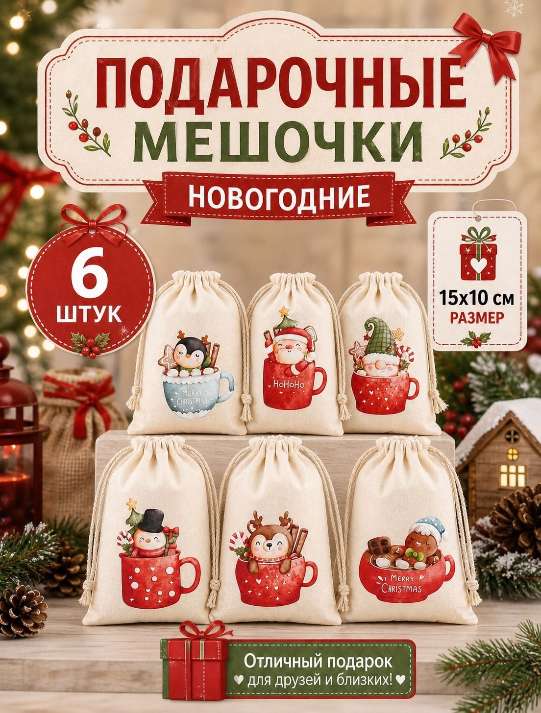 Тканевые мешочки для хранения, для рождественских подарков, льняные подарочные мешочки 15*10 см, 6 шт.