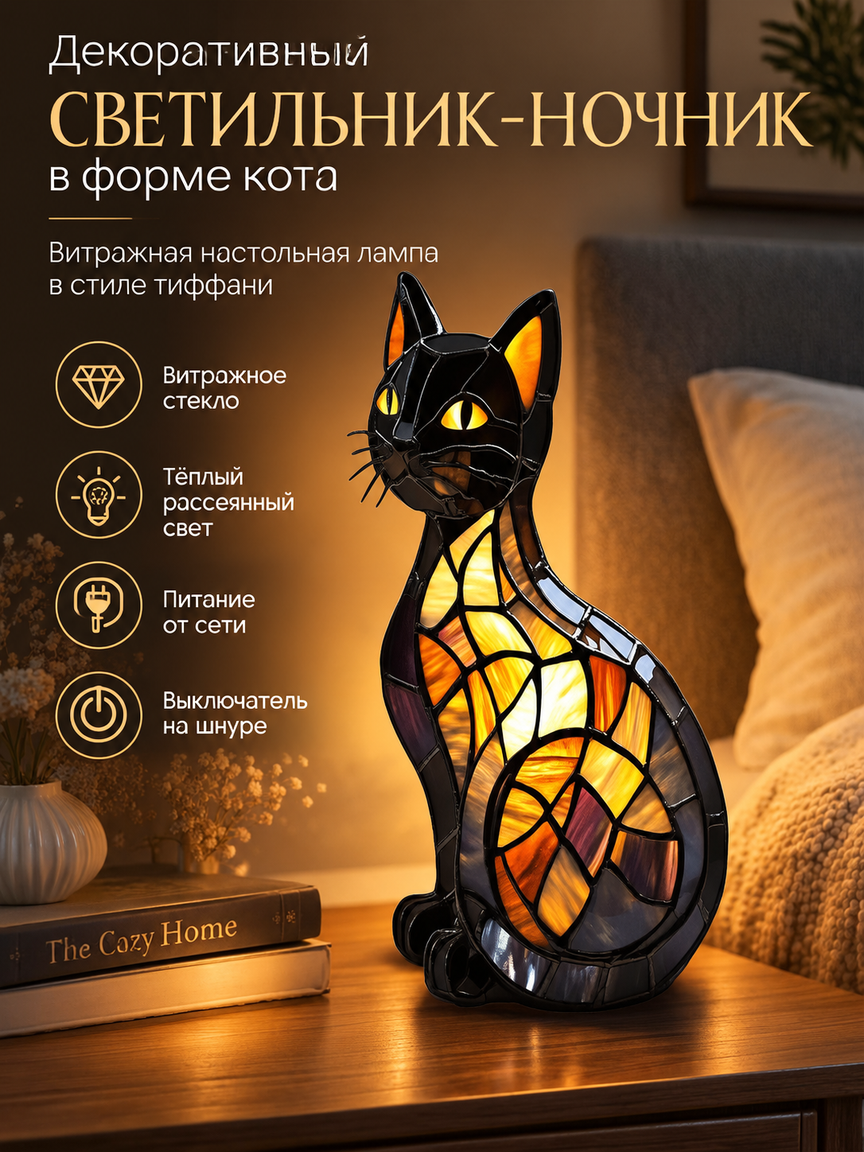 Декоративный светильник-ночник в форме кота, витражная настольная лампа в стиле тиффани