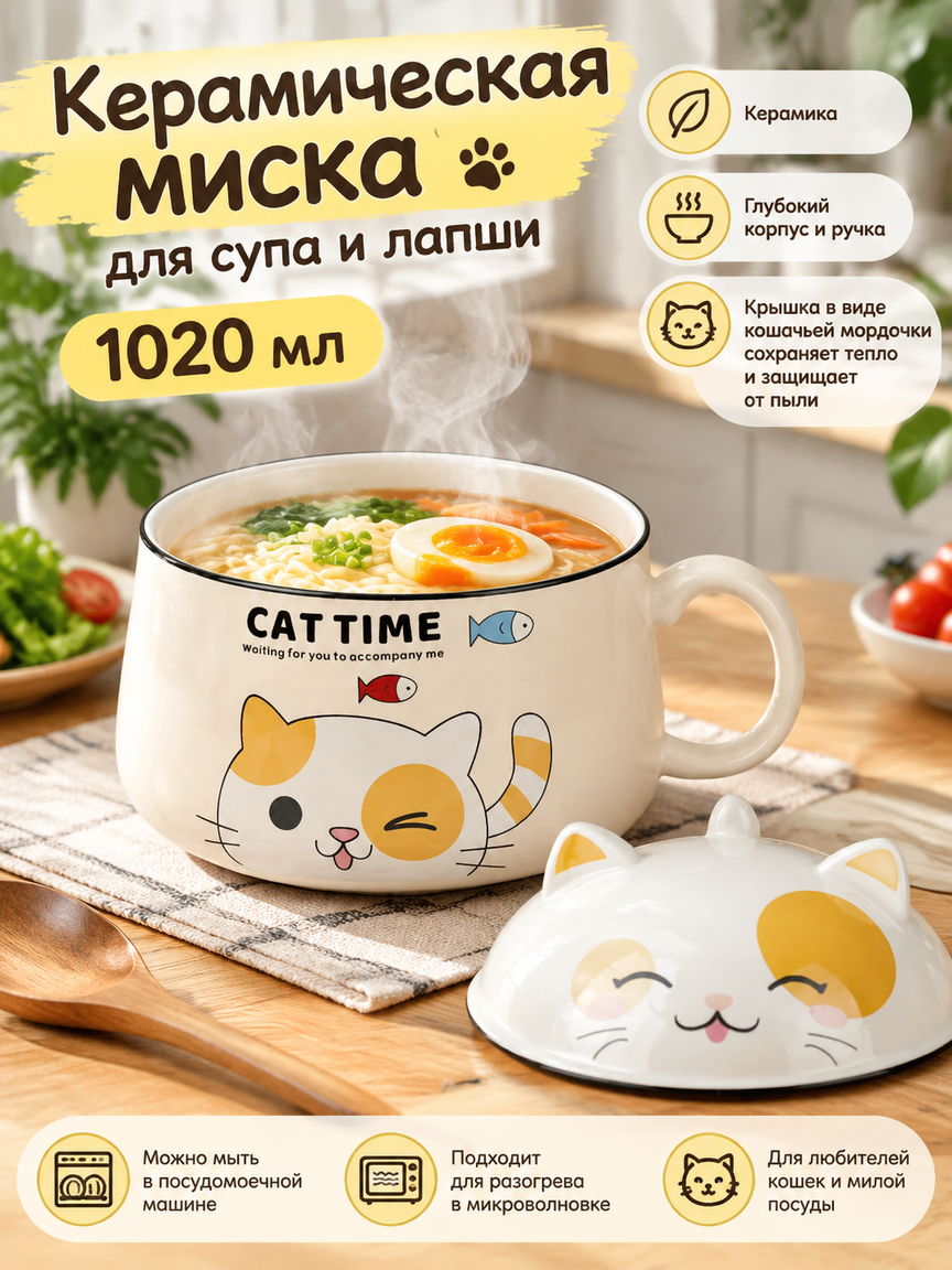 Керамическая миска для супа и лапши 1020 мл с крышкой-кошкой и ручкой, для микроволновки