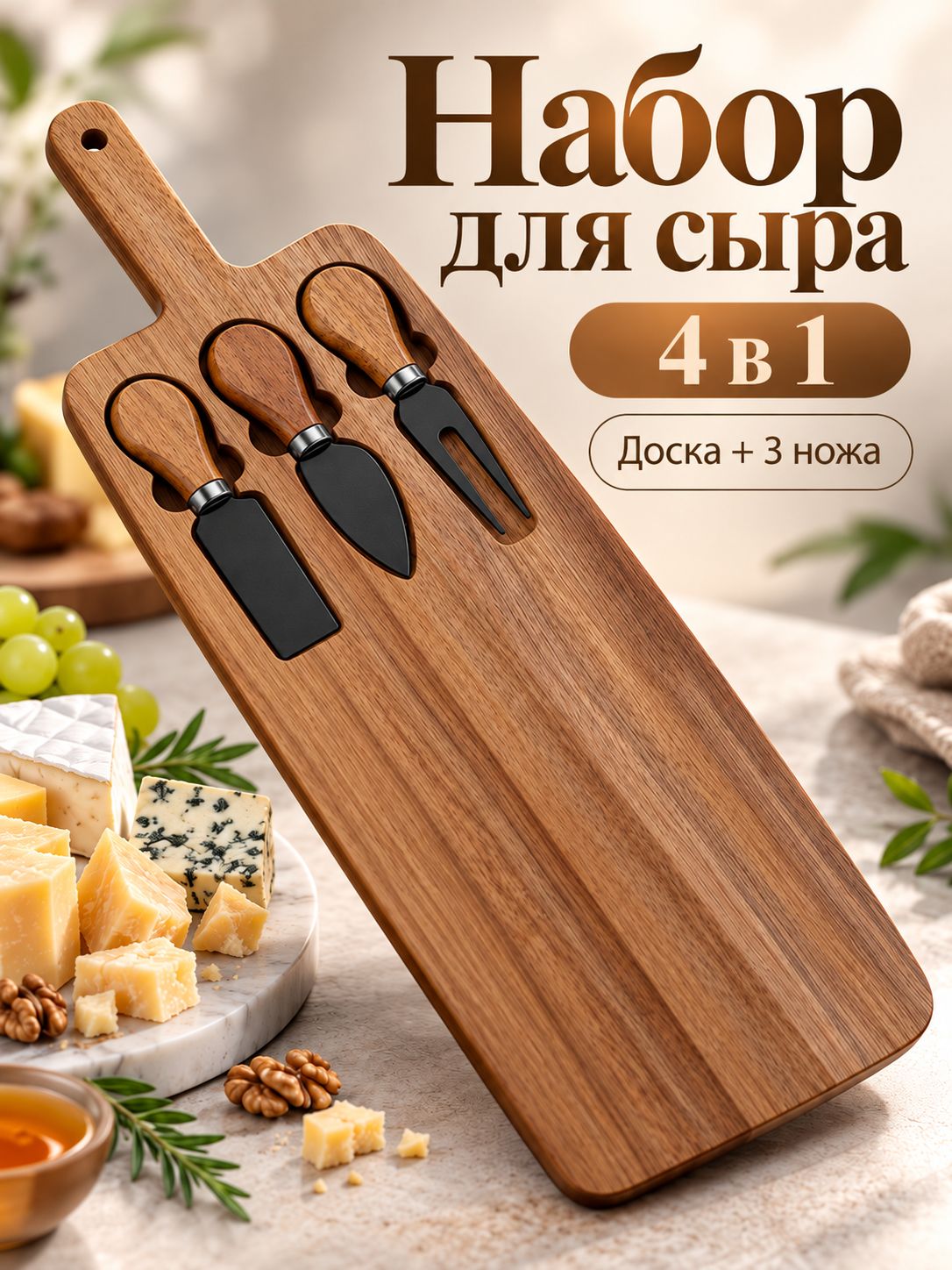 Набор для сыра 4 предмета с доской из акации, 2 ножами и вилкой, 50,4 14,2 см, золотистый, Чёрный, серебристый