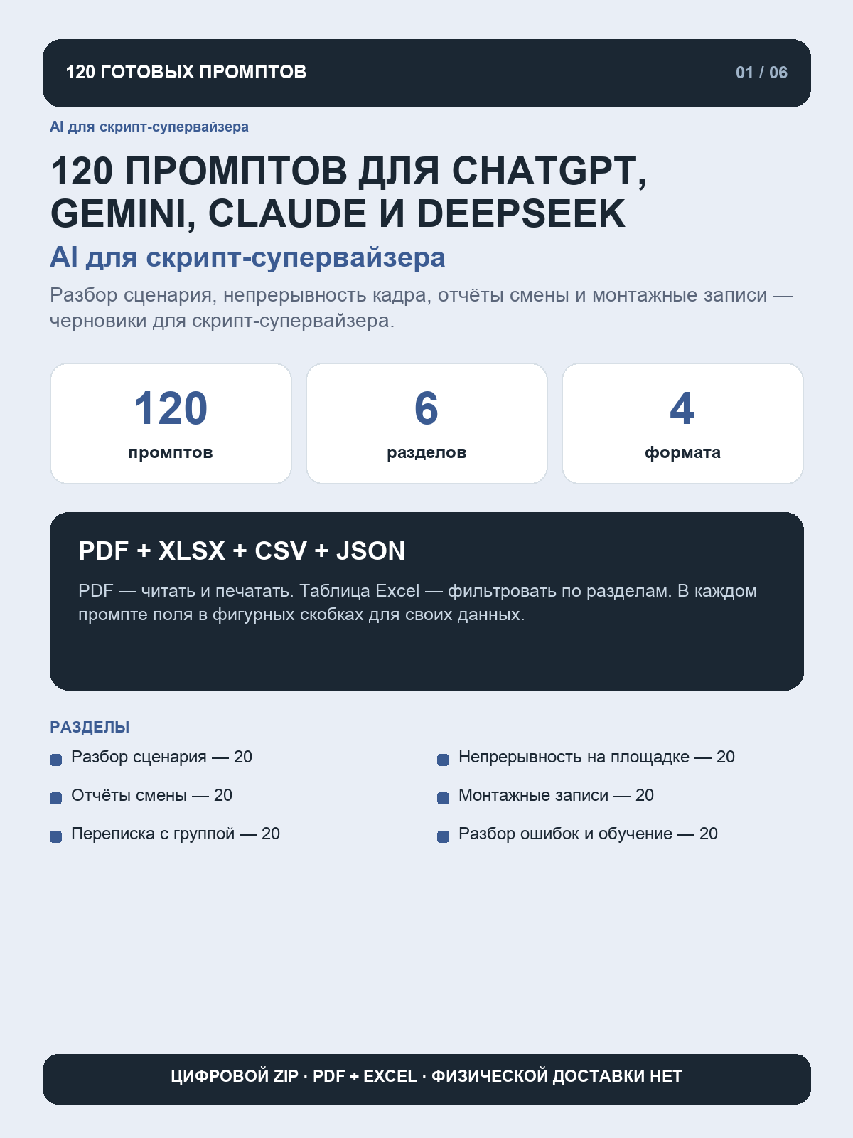 AI для скрипт-супервайзера: 120 промптов для ChatGPT, Gemini, Claude и DeepSeek, цифровая книга PDF A4