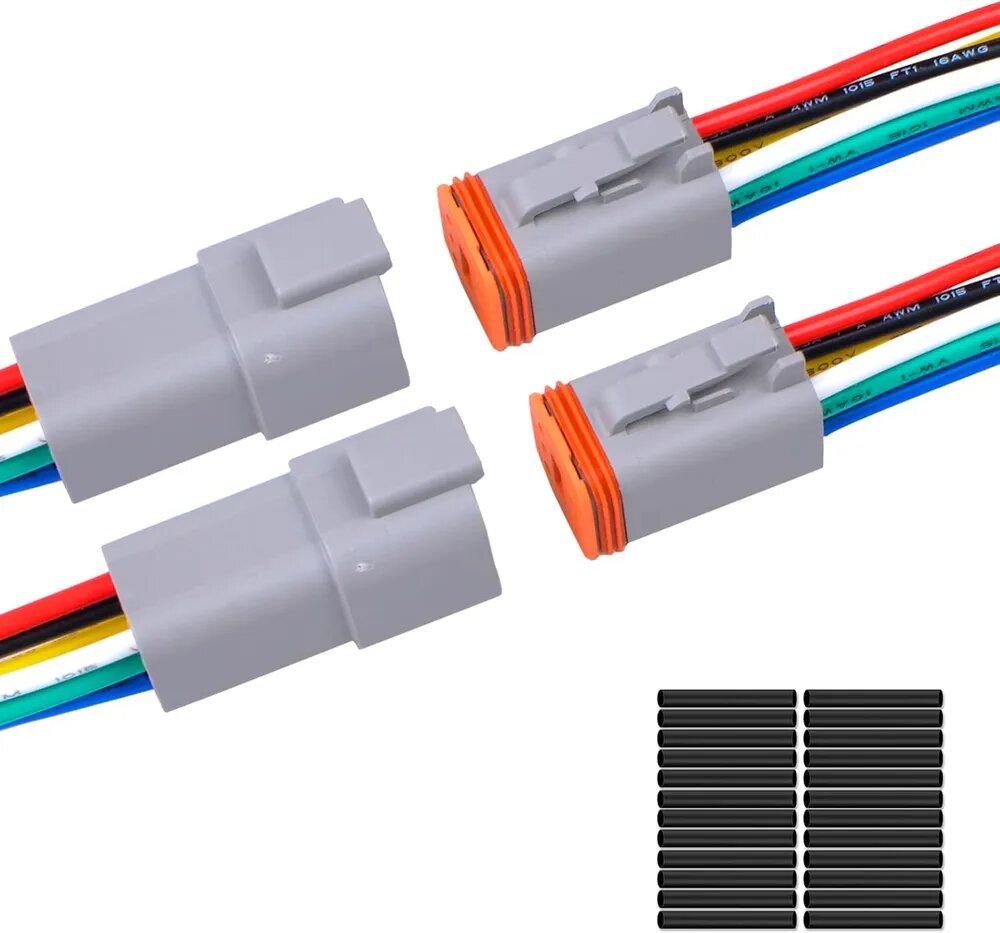 2 шт, 6-Pin Водонепроницаемый разъем DT (мужской и женский) с проводами 16AWG 105 600V и термоусадочными трубками, для автомобильных электрических соединений