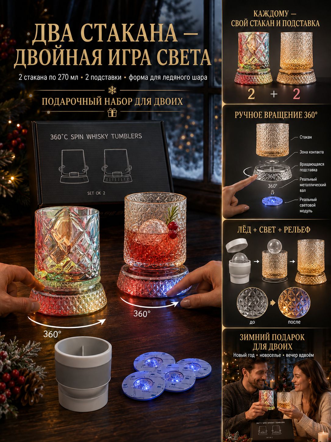 Стакан с двойными стенками "Рельефное стекло с подставкой и подарочной коробкой" 270 мл 2 шт прозрачный