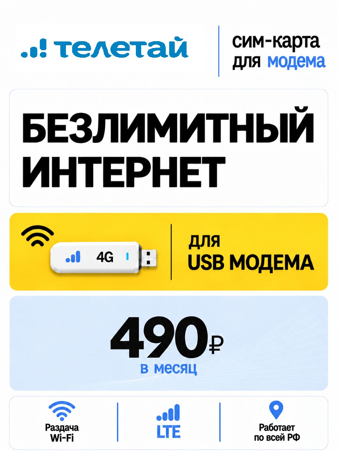 Сим карта для USB модема безлимитный интернет 4G LTE тариф 490руб/мес по России