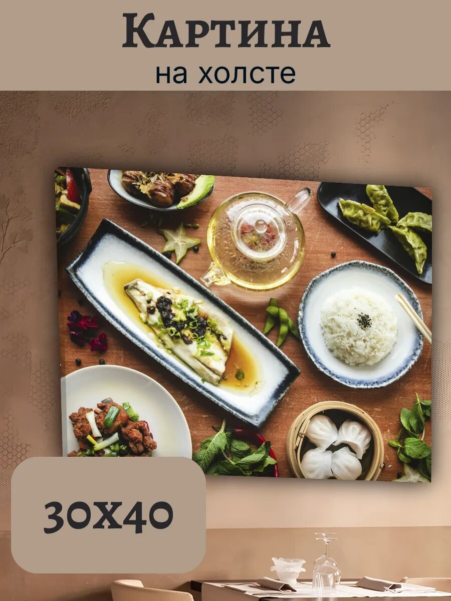 Картина Еда Food Кухня Эстетика 30x40 азиатская Рыба Рис Чай