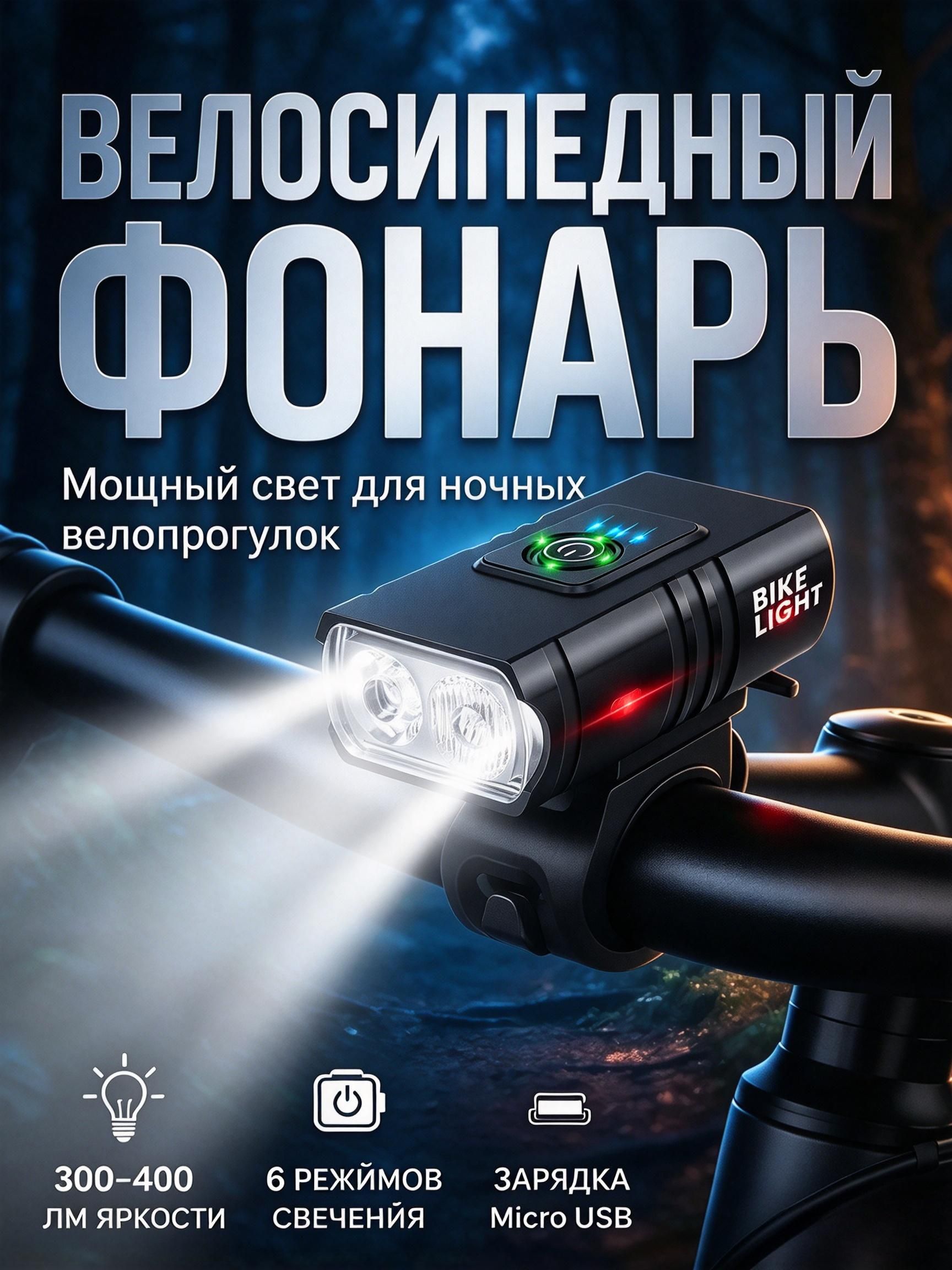 Велосипедный фонарь LED XPE,6 режимов, аккумулятор 1200 мАч, Micro USB, алюминий, водонепроницаемый