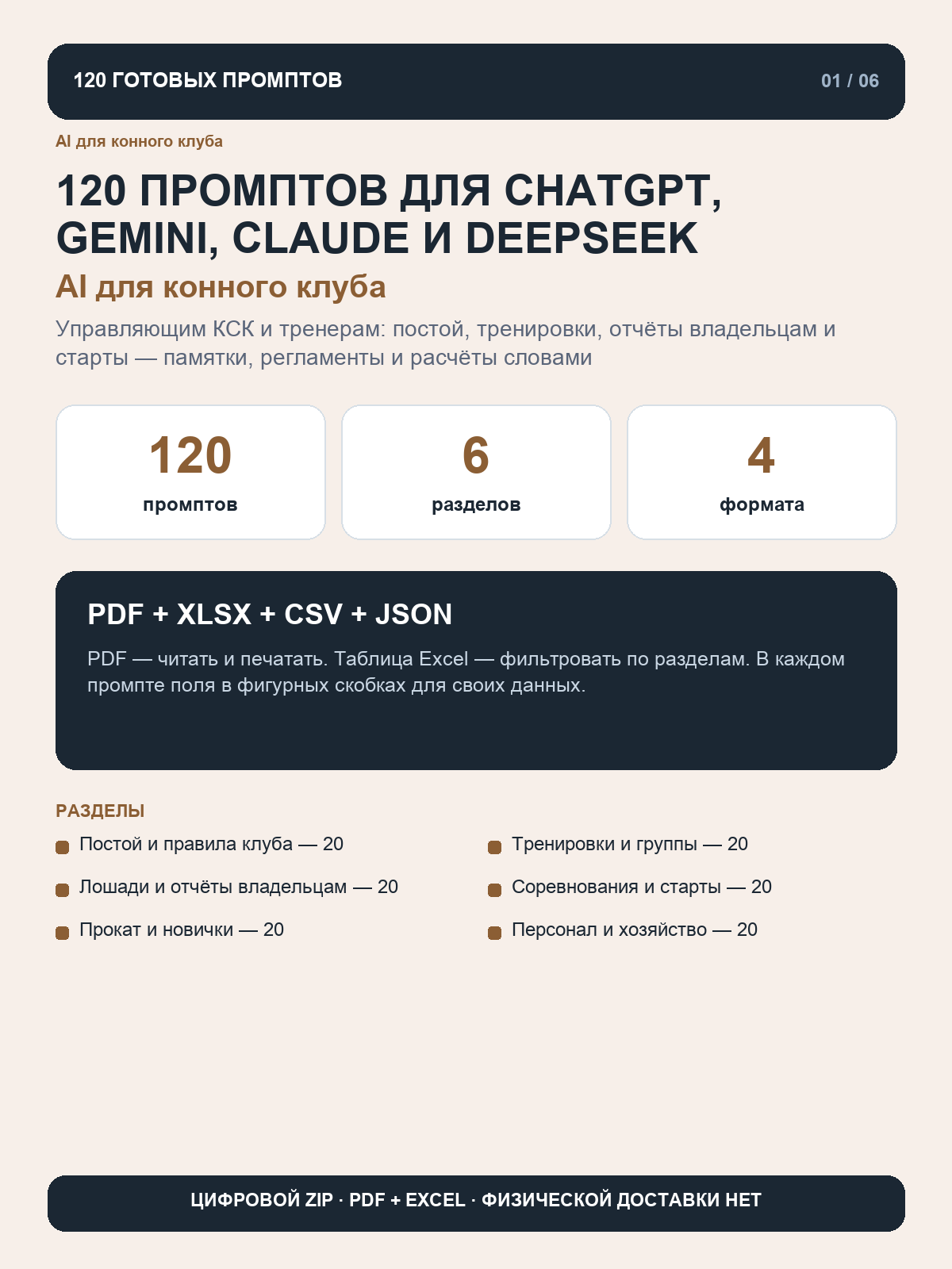 AI для конного клуба: 120 промптов для ChatGPT, Gemini, Claude и DeepSeek, цифровой ZIP