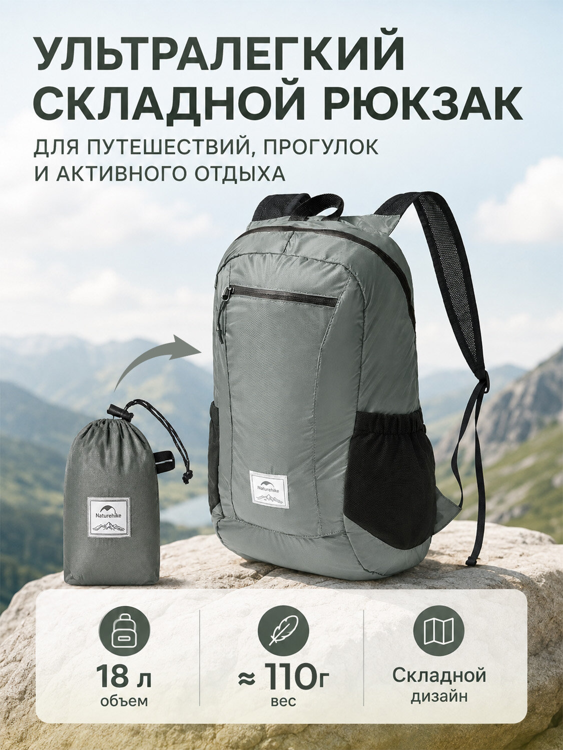 Рюкзак складной Naturehike, ультралёгкий, 18 л, нейлоновый, водоотталкивающий, складывается в карман, 110 г, 4 цвета