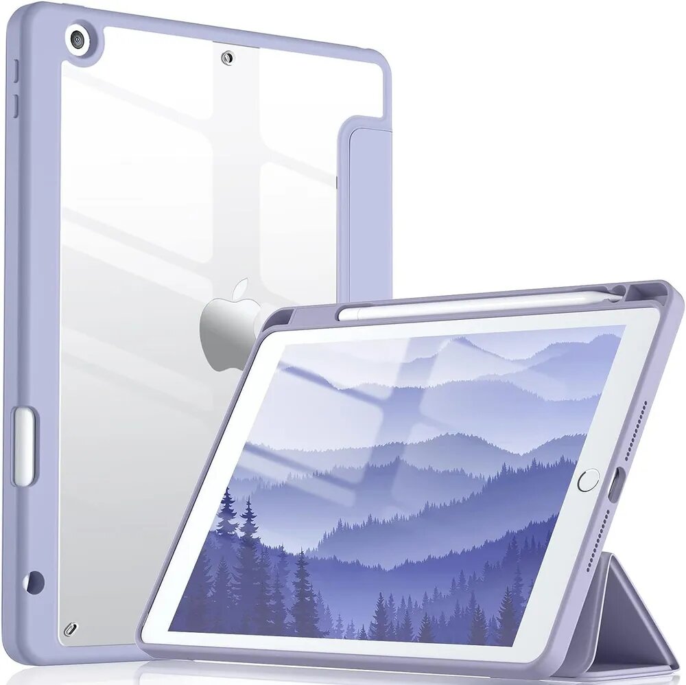 Противоударный прозрачный чехол-бампер для iPad 9th 8th 7th Generation 10,2 дюйма 2021/2020/2019 Auto Wake / Sleep Clear Back Shell Stand Cover с держателем для карандашей,