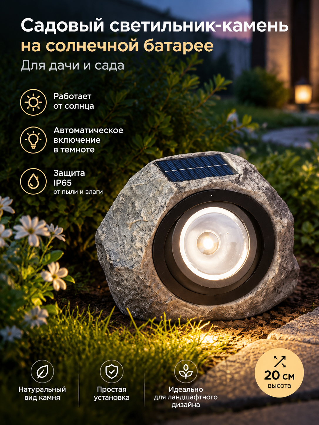 Садовый светильник-камень на солнечной батарее, LED, IP65, для дачи и сада, 20 см