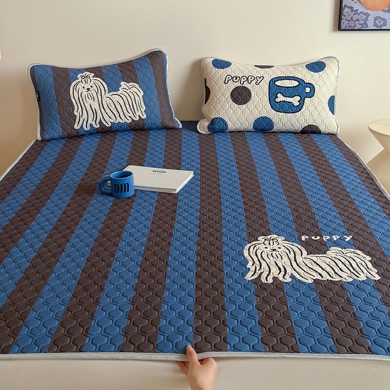 Синие Полосы Хачими 180x200cm Приталенный Охлаждающий Мат 3-Элементный Ледяной Шелк Стиранный Латекс 6мм 2 Наволочки