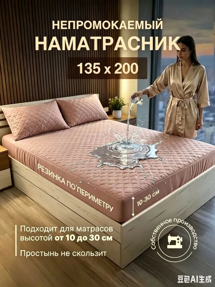 Наматрасник непромокаемый с резинкой по периметру 135x200, светло-розовый