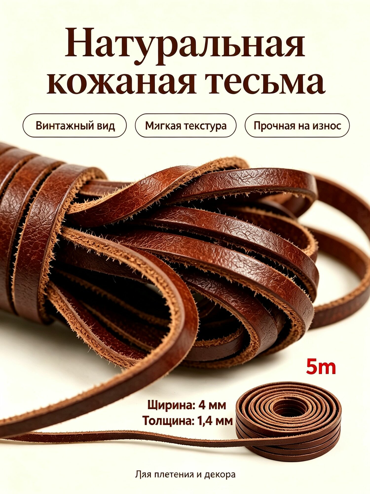 Натуральный кожаный шнур 5 м х 4 мм, из воловьей кожи, ретро. Для плетения сумок, сидений, ремешков, рукоделия и творчества. Круглая кожаная веревка ручной работы.