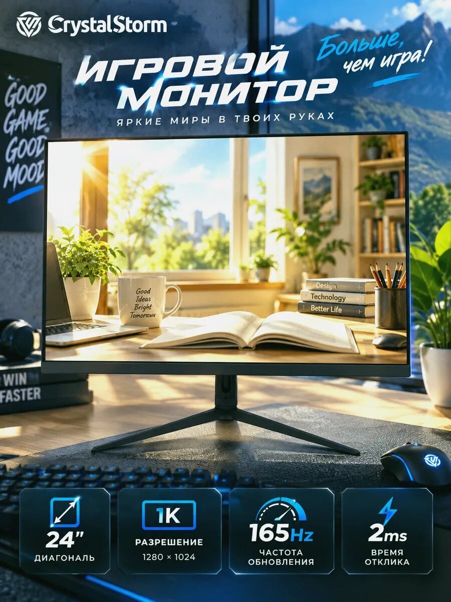 Монитор CrystalStorm, диагональ 24", 1920 x 1080 пикселей, 165Гц, матовый, чёрный