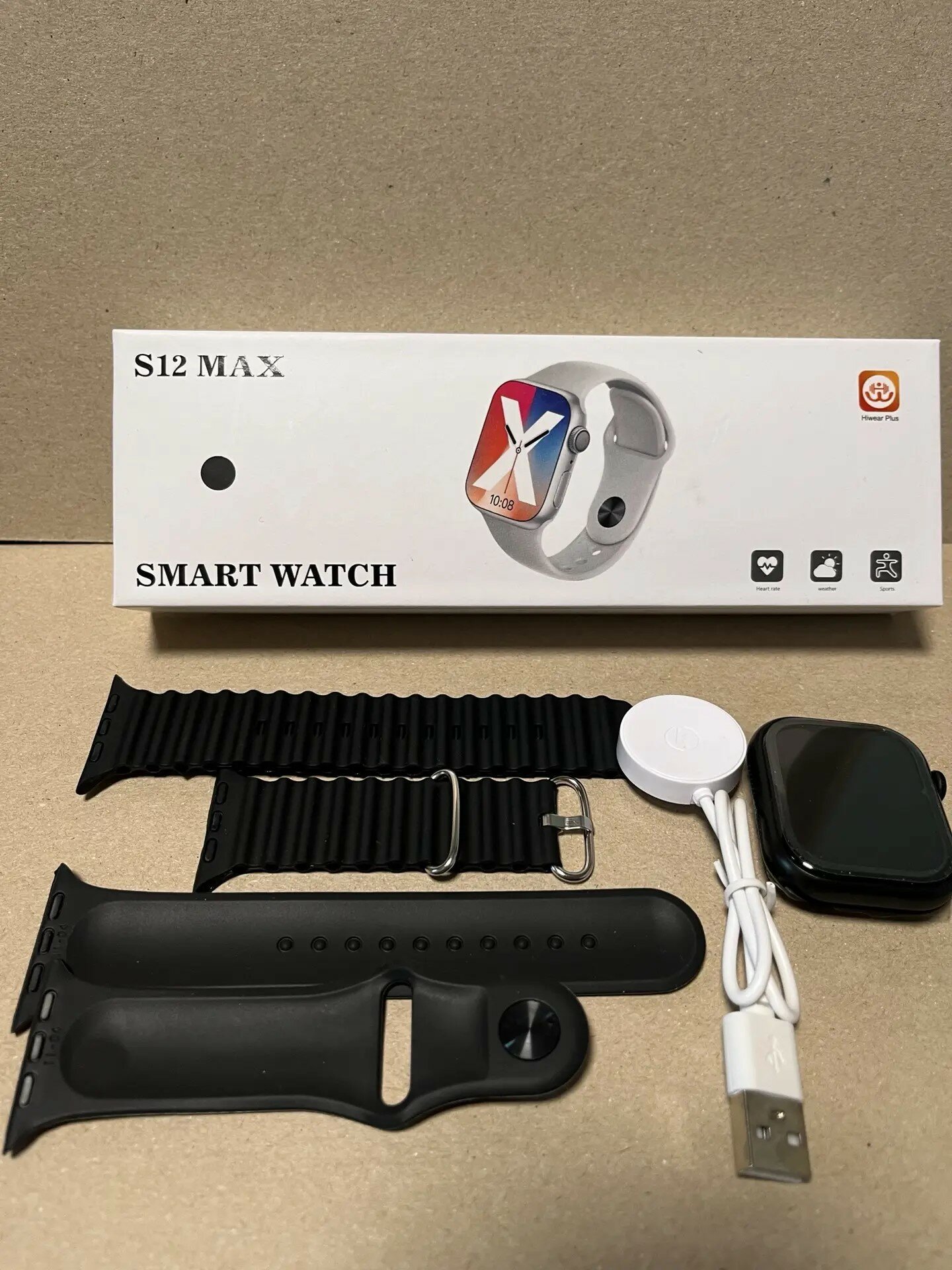 Умные часы S12 Max, 2 браслета черных, магнитная зарядка