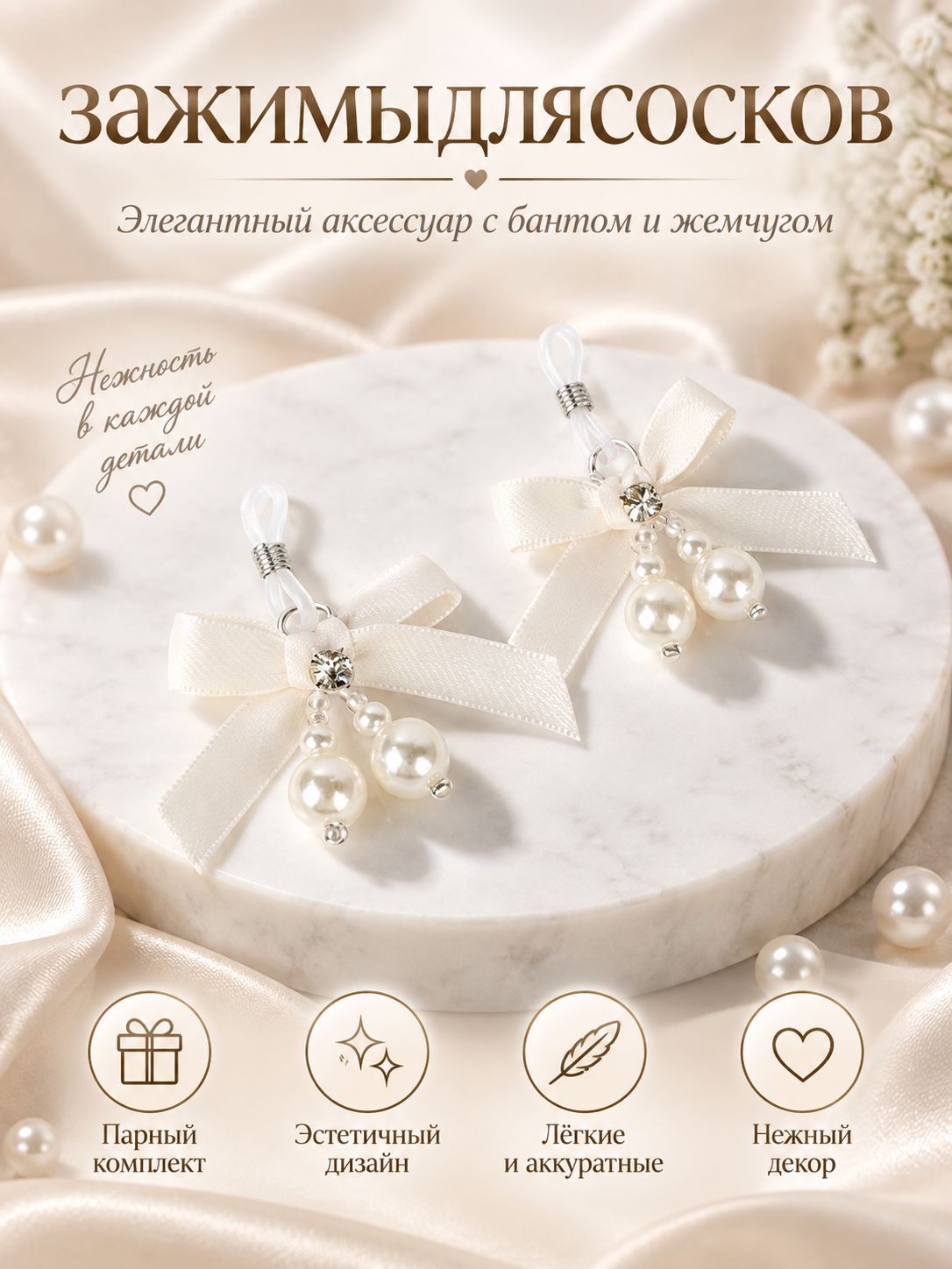 Зажимы для сосков БДСМ с бантом и жемчугом, элегантный дизайн, лёгкие и аккуратные, парный комплект для романтических игр и подарка, 18+
