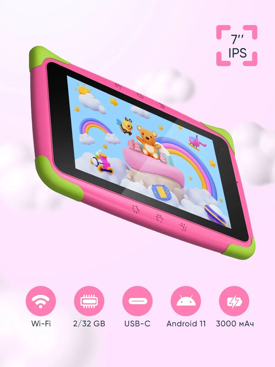 Topdevice Детский планшет Kids Tablet K7 (TDT3887_WI_D_PK_CIS32GB), IPS 1024х600, Wi-Fi, BT 4.1, 3000mAh, 7" 2 ГБ/32 ГБ, розовый