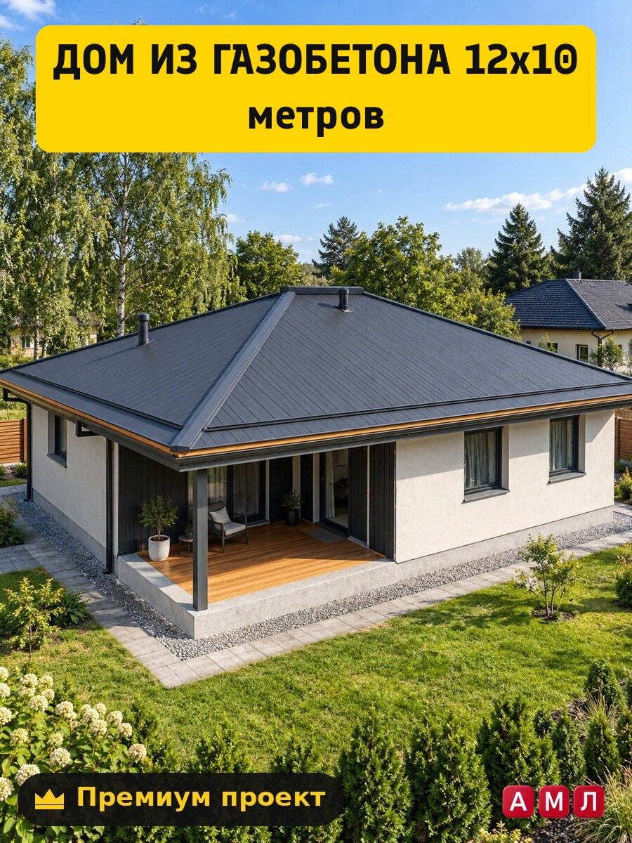 Премиум проект чертеж одноэтажный дом 12х10 метров из газобетона 120 м2 построить своими руками - скачать и распечатать чертежи с размерами, пошаговая и поэтапная схема сборки 3D