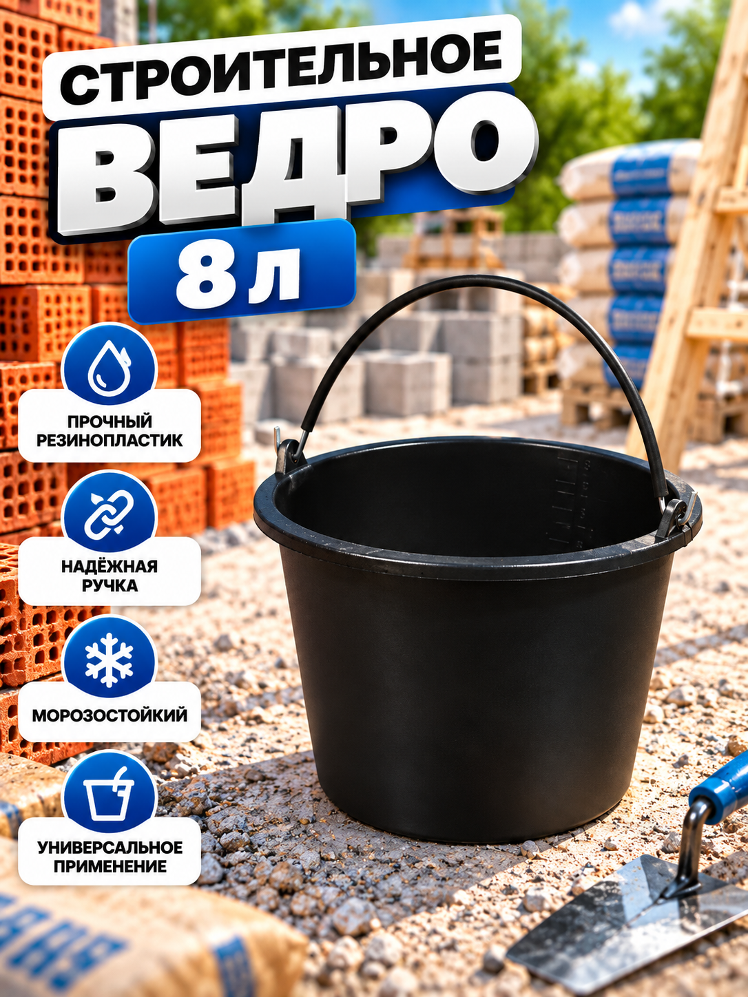 Ведро строительное пластико, объём 8 л, резинопластик, черный