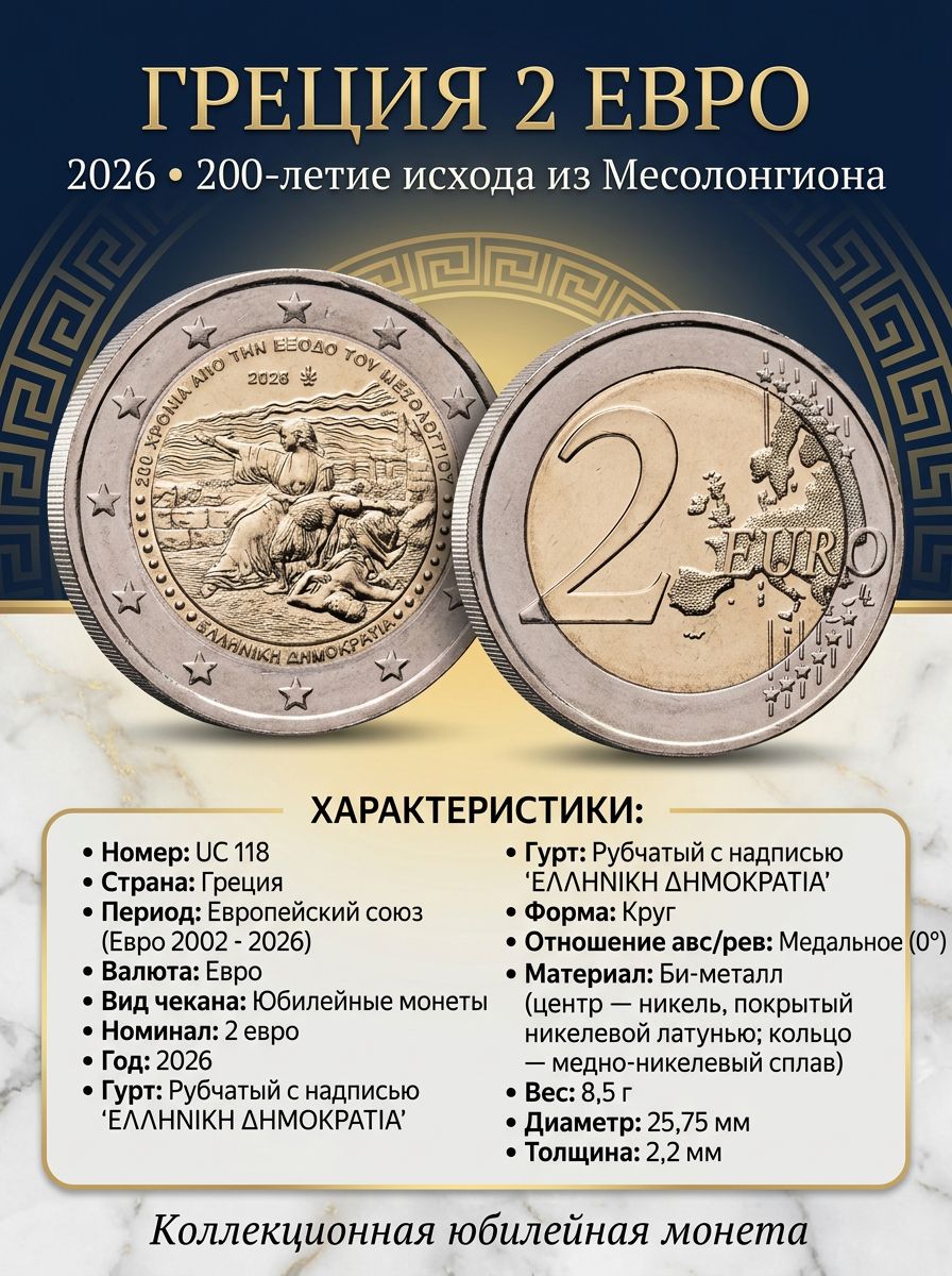 Греция 2 евро, 2026 200-летие исхода из Месолонгиона