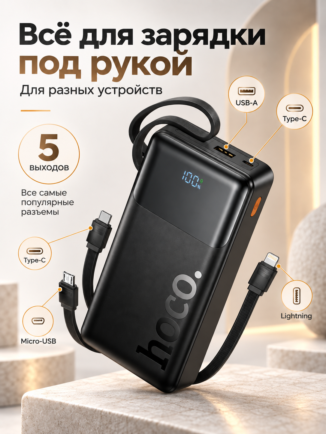 Повербанк HOCO J146A 20000 мА·ч, 22,5 Вт, PD, QC 3.0, 4 встроенных кабеля, цифровой дисплей — фото 1