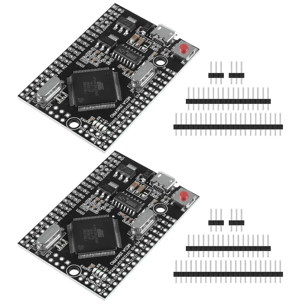 Набор из 2 плат разработки Mega2560 PRO на ATmega2560 с предустановленными пинами и чипом CH340G. Компактный размер 38x55мм, совместимость с популярными контроллерами