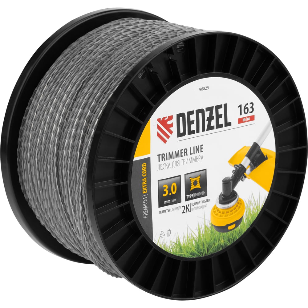 Леска двухкомпонентная EXTRA CORD (3 мм, 163 м, витой квадрат, на DIN катушке) для триммера Denzel 96825