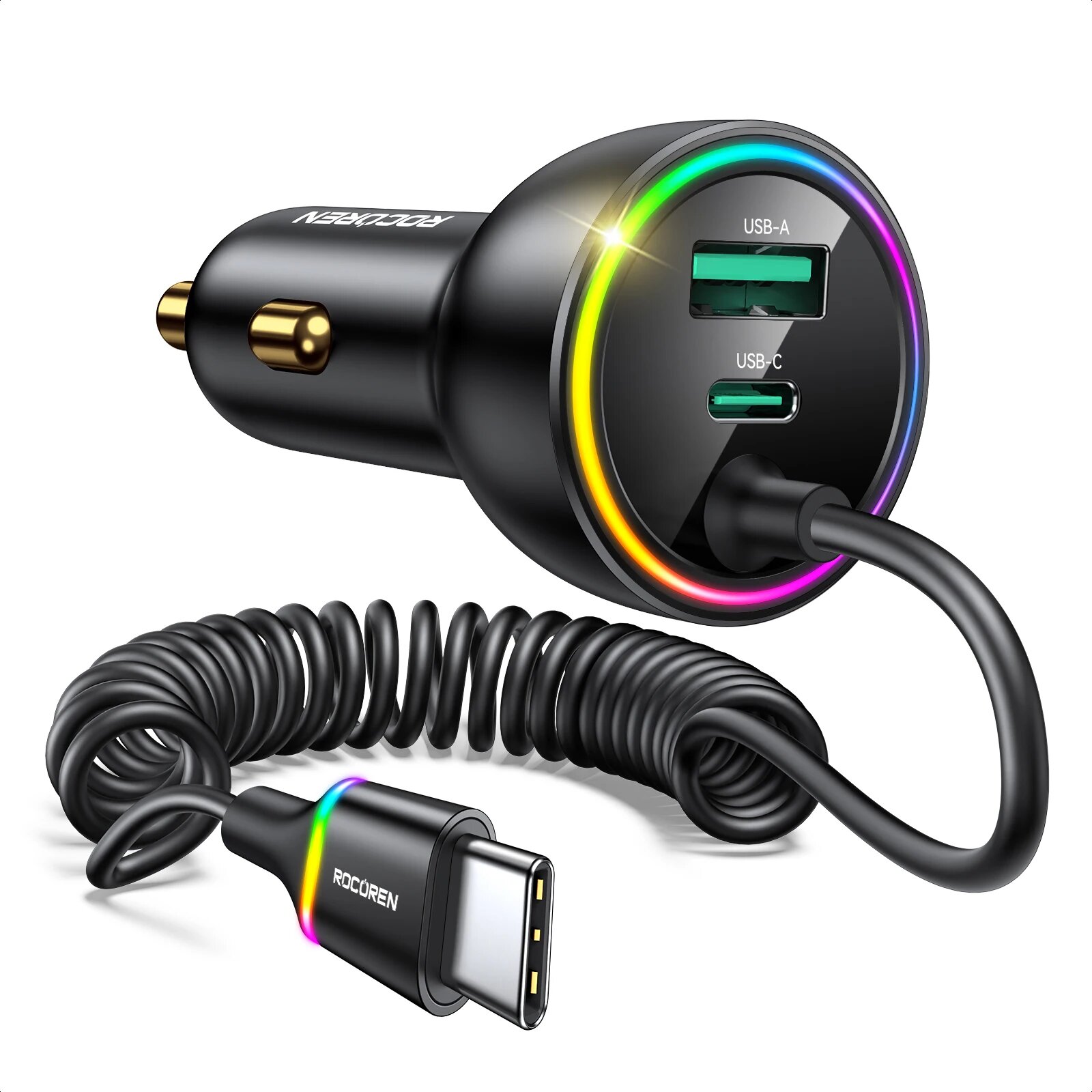 Автомобильное зарядное Rocoren USB-C PD 35W, USB-A, кабель Type-C 2.5M