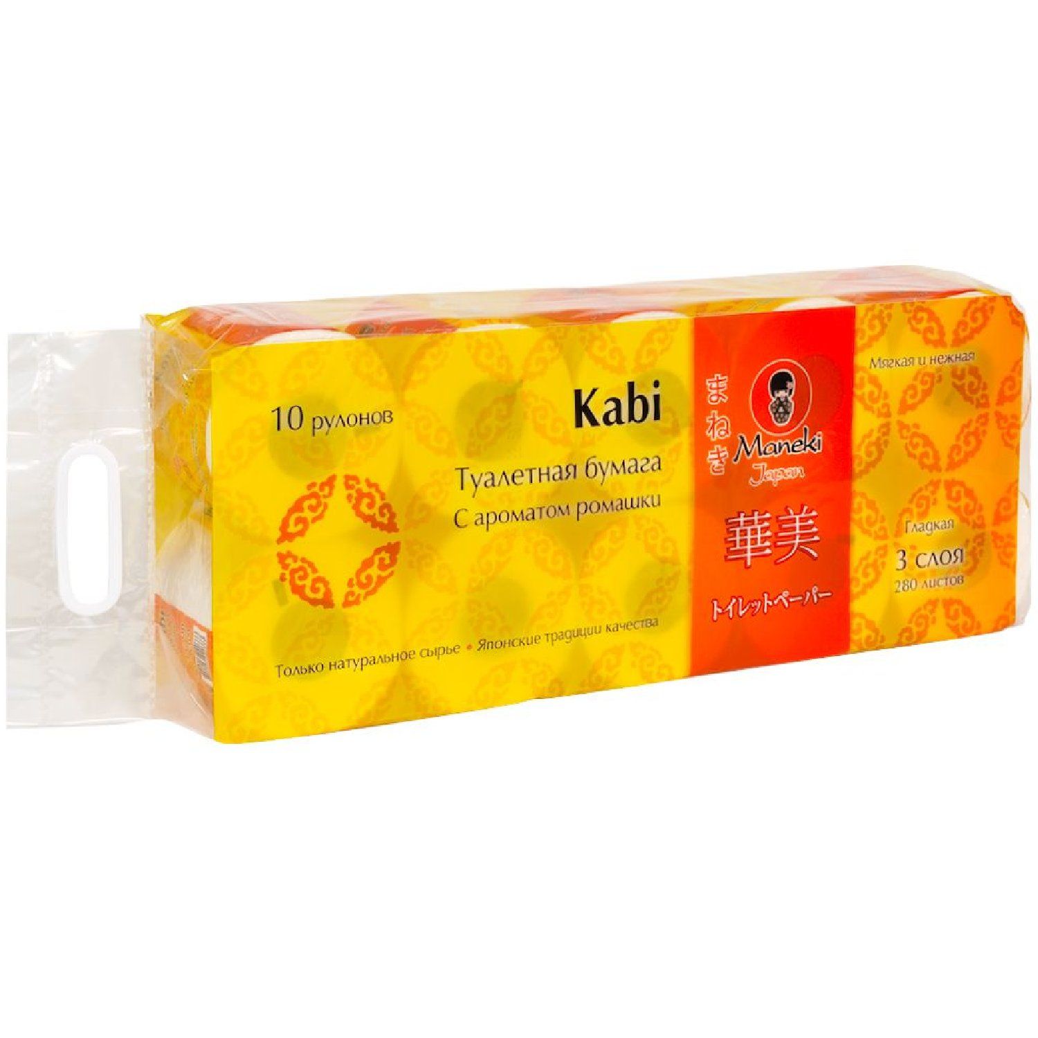 Maneki Туалетная бумага Kabi трехслойная белая, с ароматом ромашки 39,2м. 10 рулонов