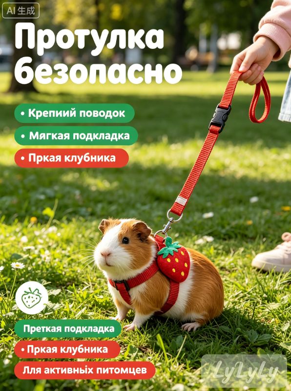 Шлейка и поводок для морской свинки, - S - Клубничный