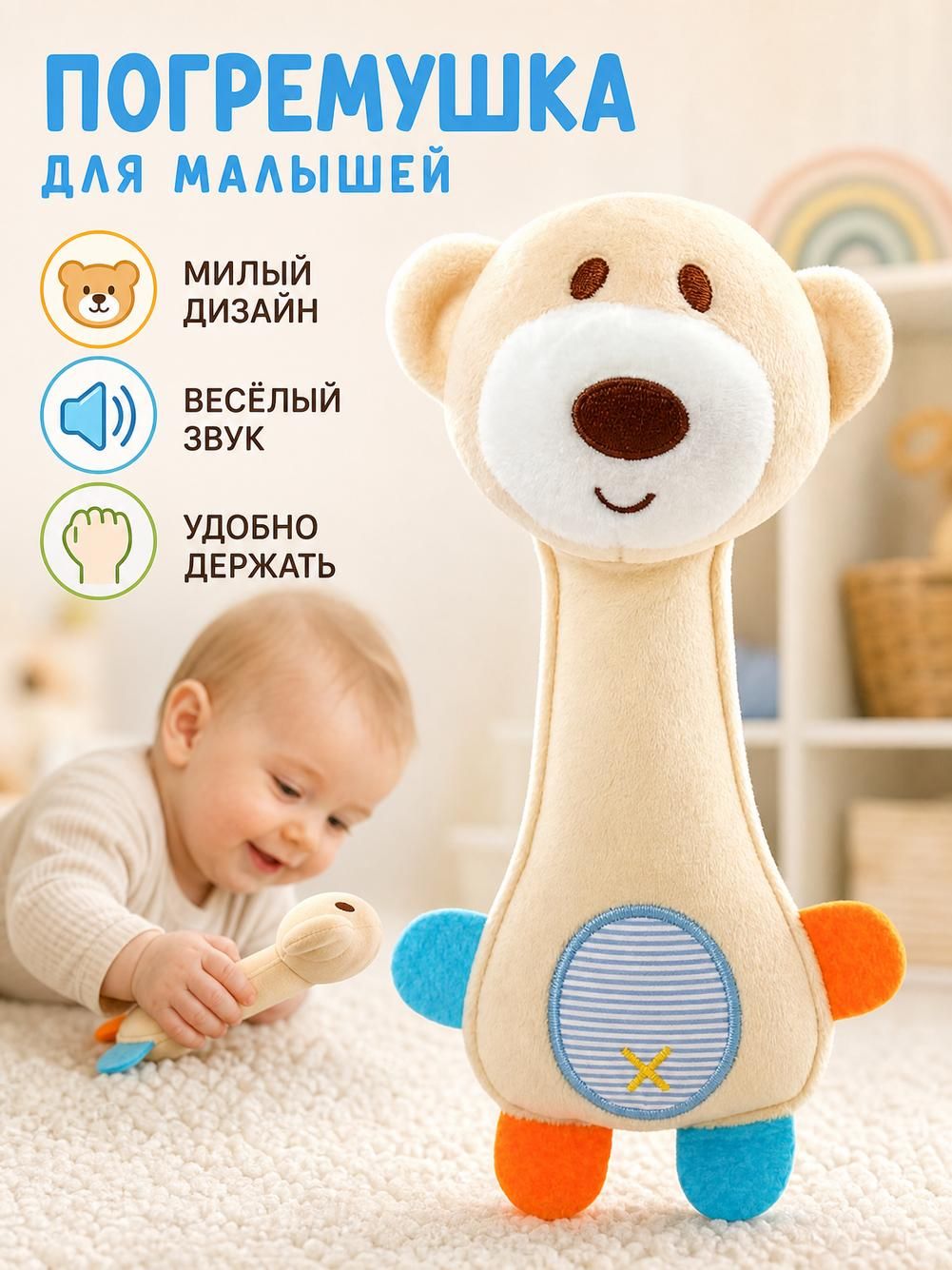 Погремушка мягкая "Обезьяна", с пищалкой, для коляски, коричневая