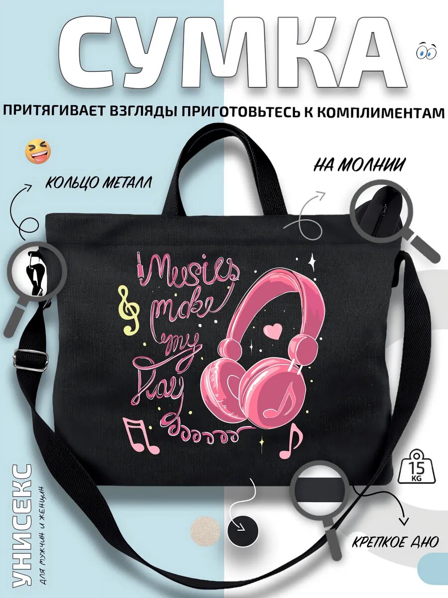 Сумка шоппер  с наушниками и нотами