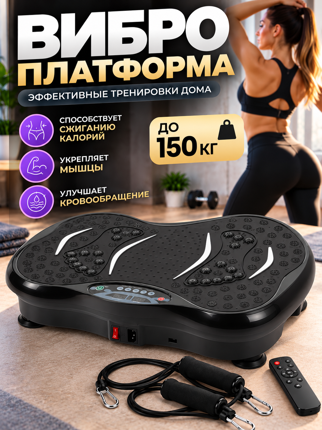 Виброплатформа для похудения, до 150 кг, с пультом ДУ, Bluetooth и эспандерами