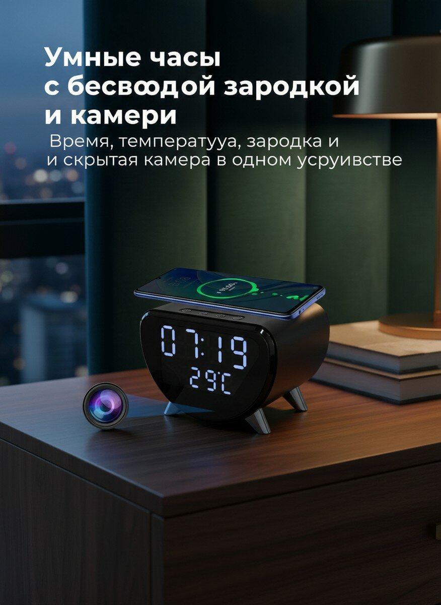 Беспроводная зарядка с термометром и будильником, черный, Мониторинг безопасности, Часы с удаленным просмотром