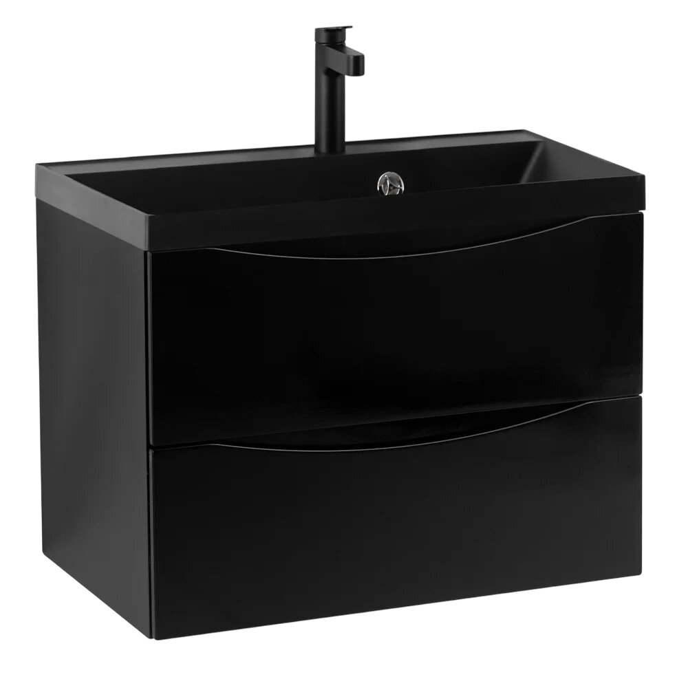 Тумба с раковиной BelBagno Marino 60 подвесная, 60 см, черная, глянцевая, из МДФ, с ящиками, раковина для ванной из камня, прямоугольная, встроенный сли