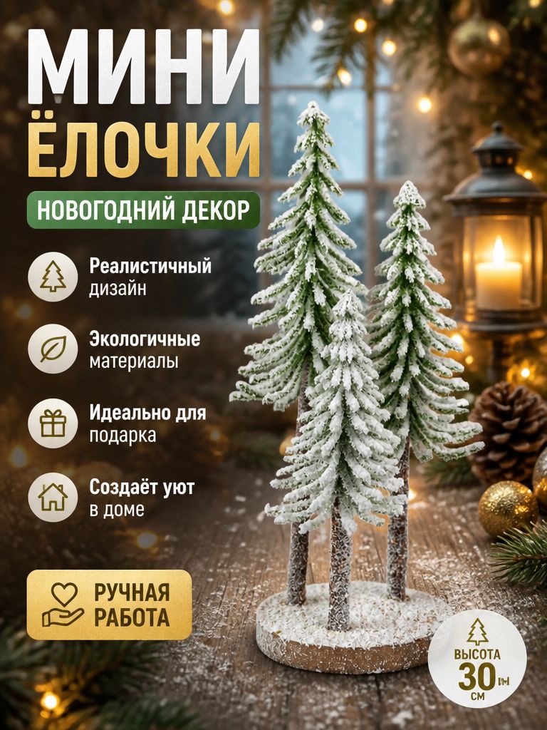 Елка искусственная настольная 30 см трехслойная заснеженная с украшениями, Ручная работа, Мини-декор для дома и офиса