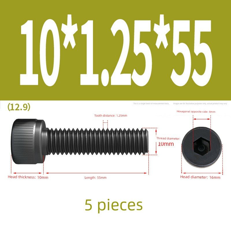Класс 12.9 Высокопрочный полный резьбовой М10x1.25x55мм шестигранный болт 5 шт