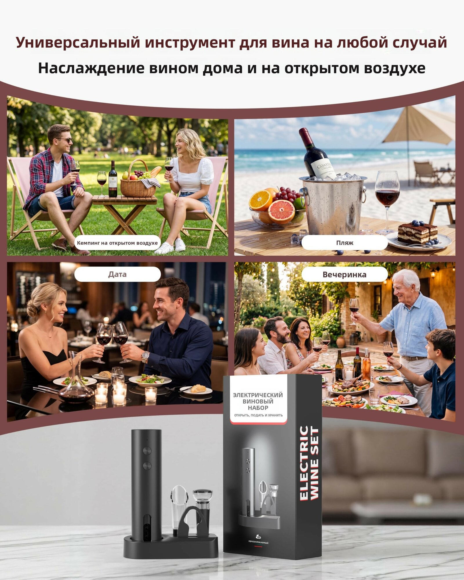 Автоматическая аккумуляторная винная открывалка 5 в 1 с ножом для фольги, аэратором, вакуумной пробкой и подставкой