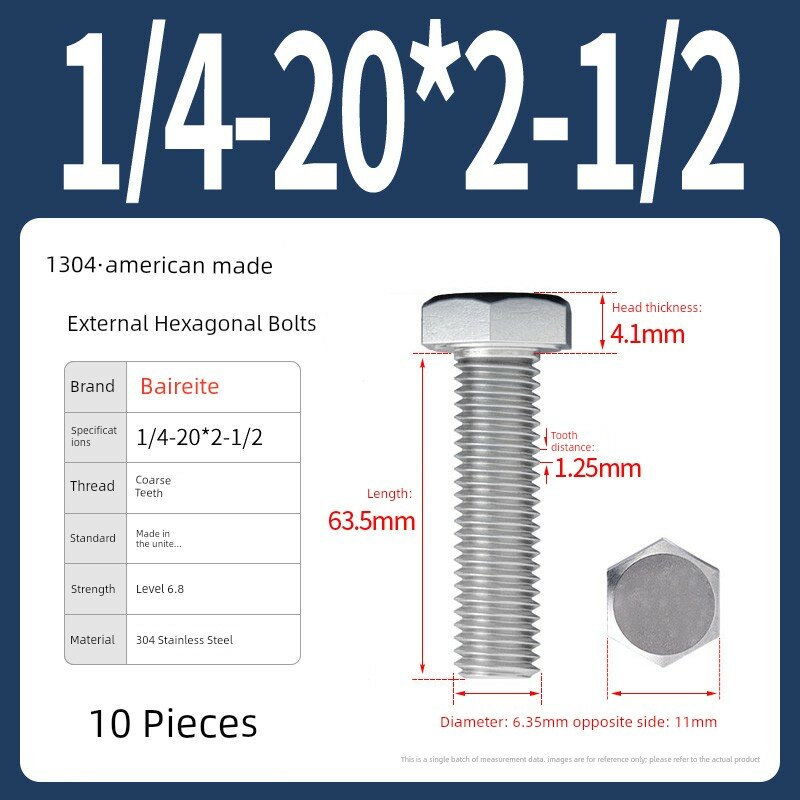 Саморезы с шестигранной головкой UNC 1/4-20, грубая резьба, длина 2-1/2 дюйма, 10 штук