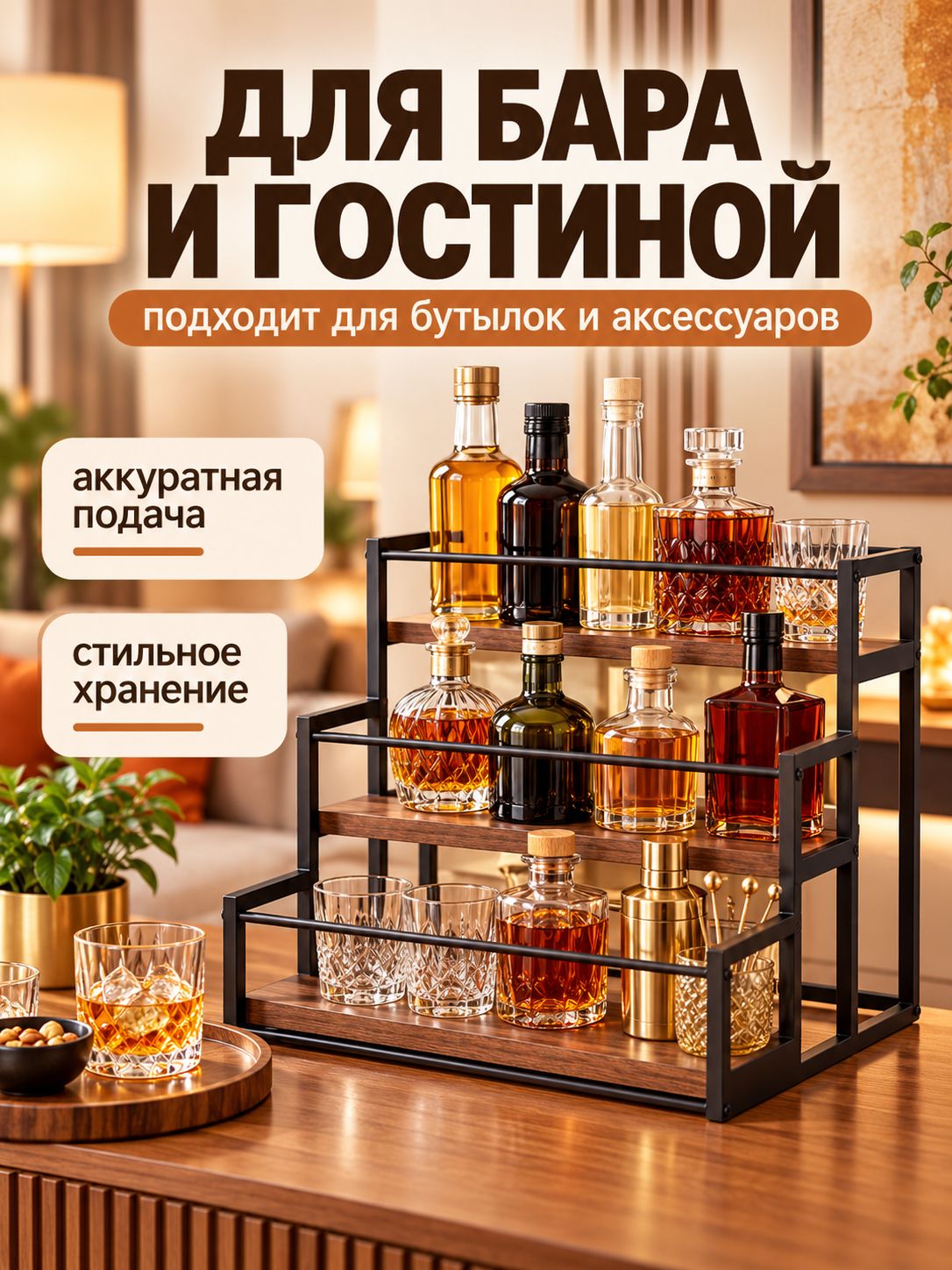 Стеллаж для бара настольный, трехъярусный, для бутылок и бокалов, стильное хранение для гостиной дома