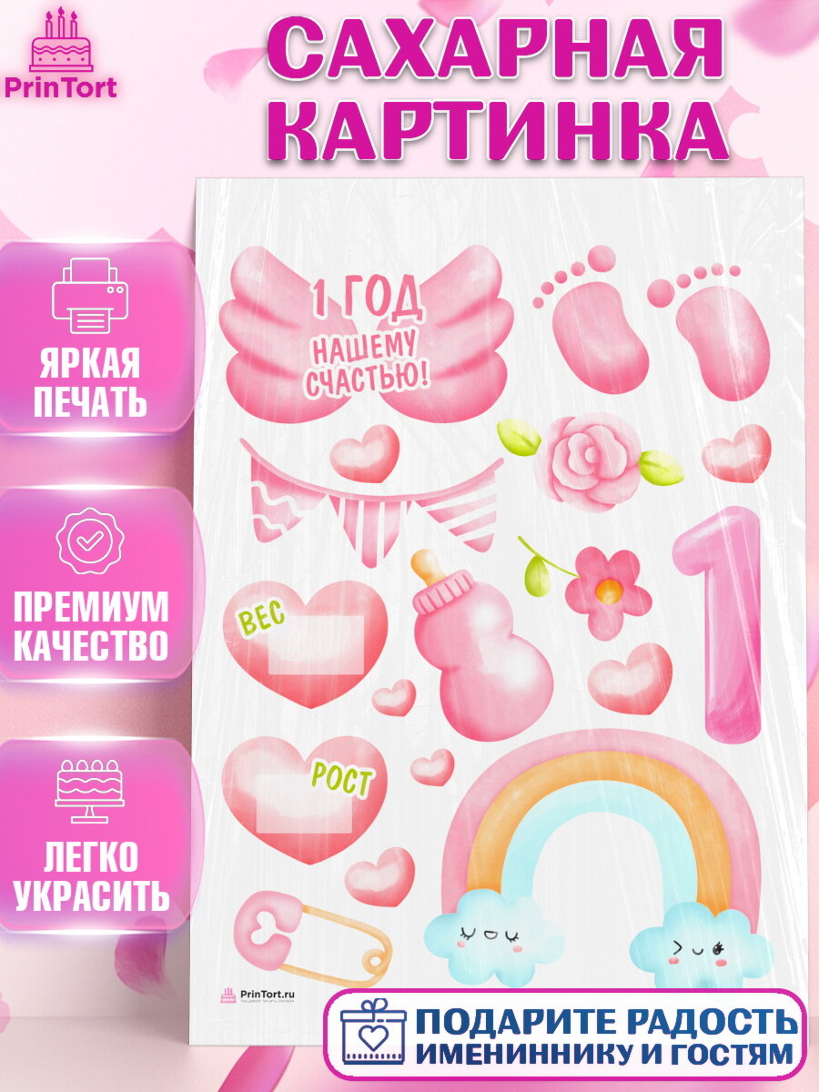 Сахарная картинка для торта Метрика. Украшения для торта девочке на Рождение ребенка. Декор для выпечки PrinTort
