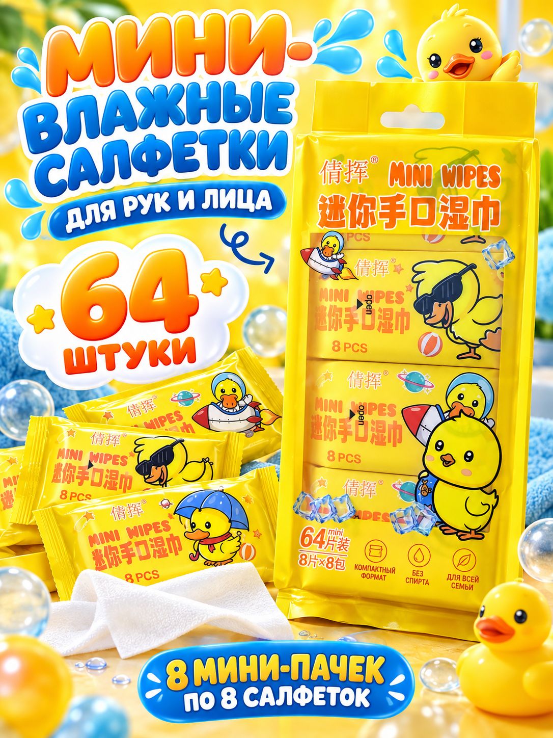 Влажные салфетки мини карманные 8х8 шт
