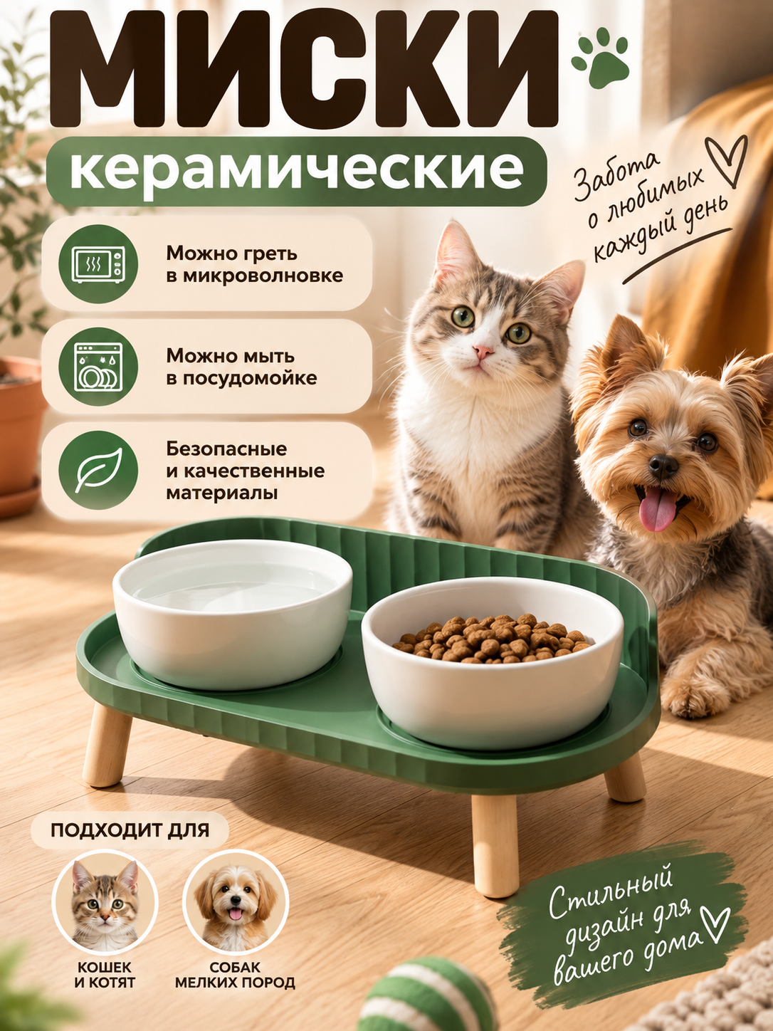 Миска для кошек и собак керамическая на подставке двойная для мелких и средних пород, кормушка для животных