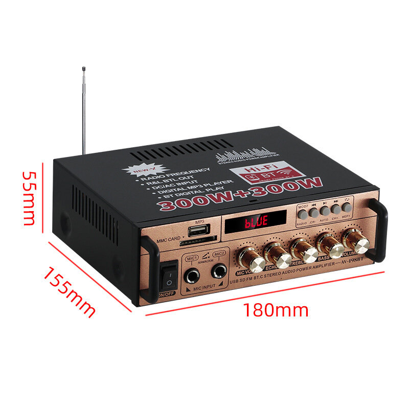 AV-198BT Bluetooth-усилитель с двумя каналами, слотом для карты, USB, радио и беспроводным пультом управления,