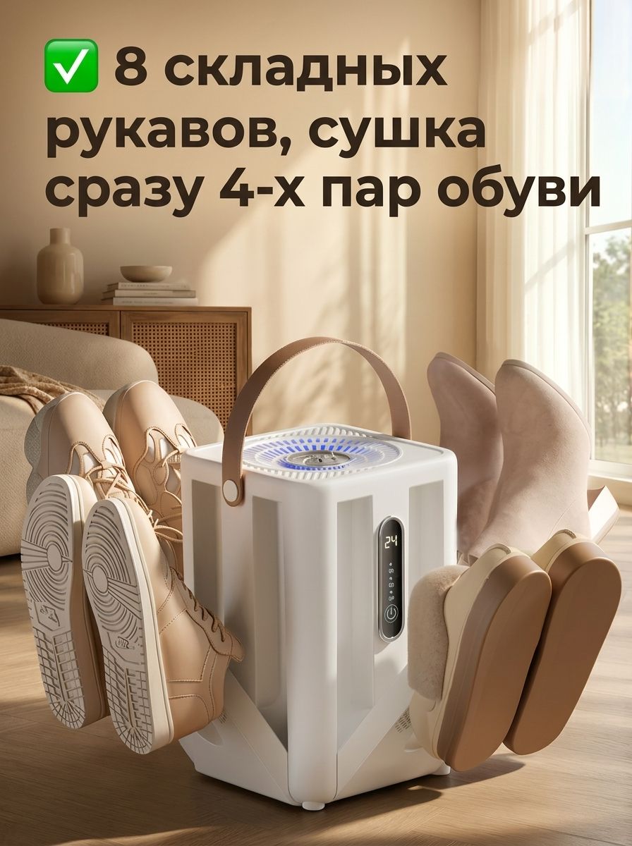 Электрическая сушилка для обуви с УФ-дезинфекцией и таймером, на 4 пары обуви — фото 1