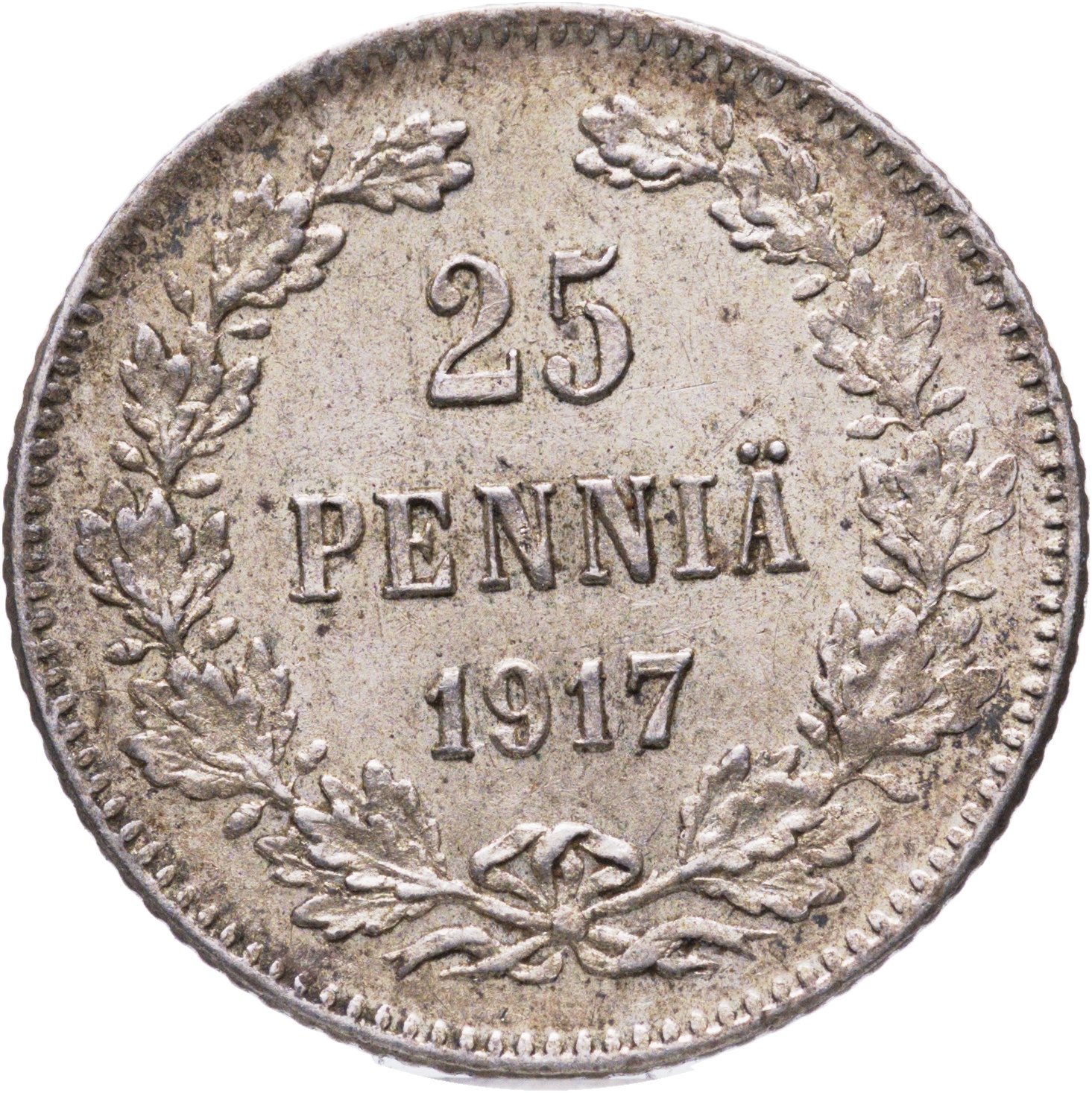 25 пенни pennia 1917 S гербовый орел без короны, Серебро 750, в сохранности XF-AU