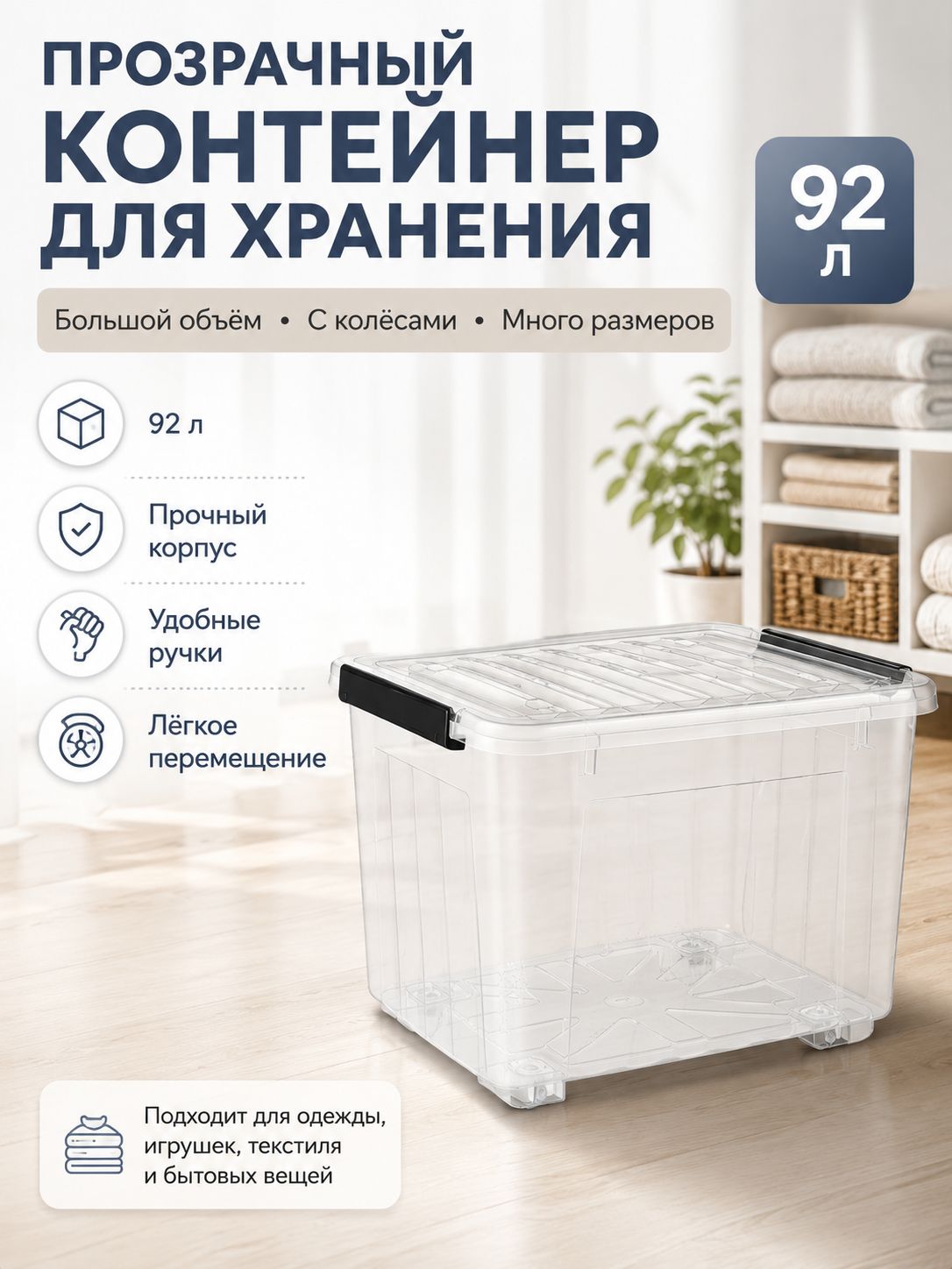 Контейнер для хранения вещей длина 63.5 см, высота 42.5 см, 1 шт, abs пластик