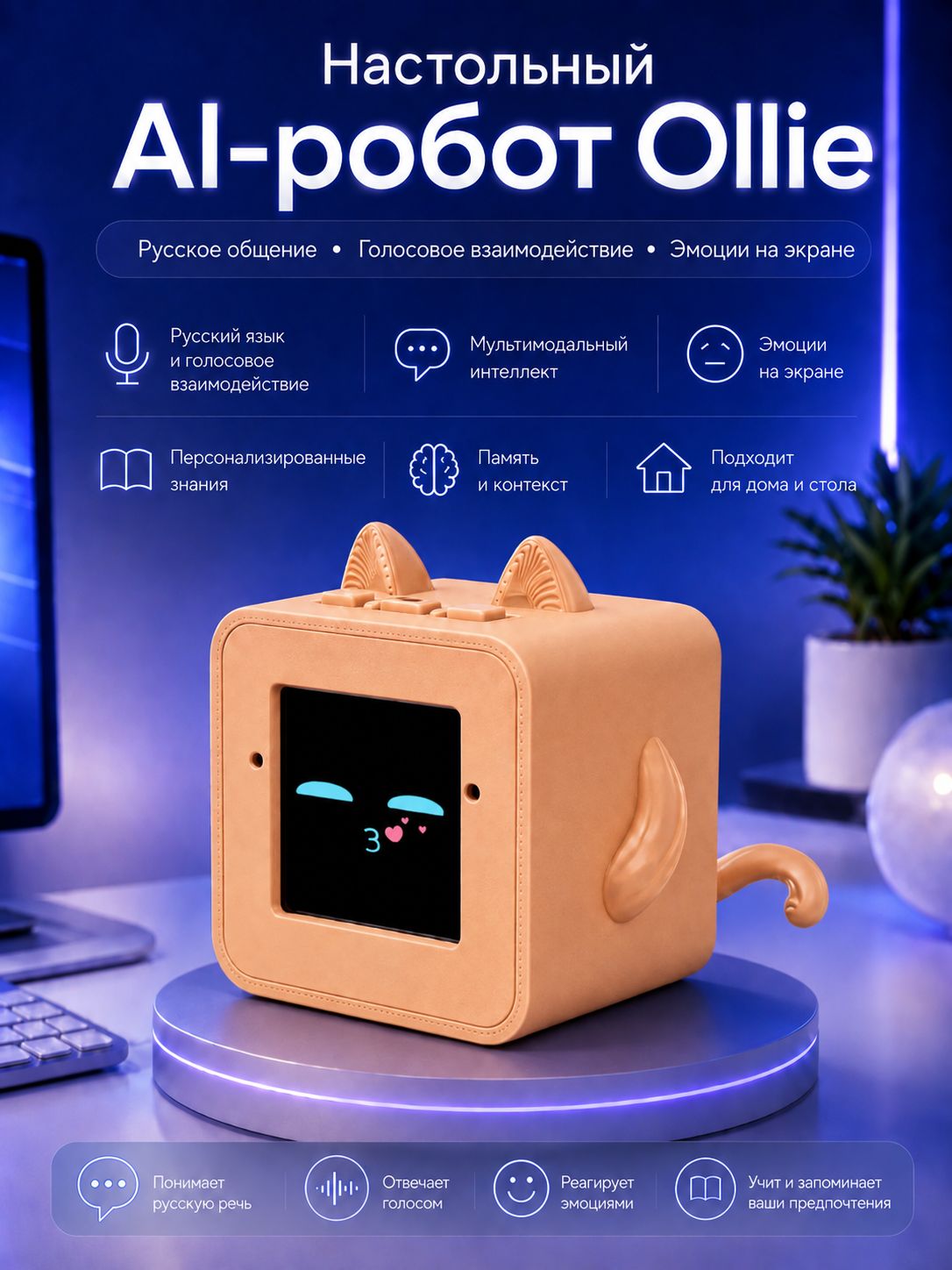 Интеллектуальный настольный робот Ollie AI, умный AI-компаньон с русским голосовым общением, эмоциями на экране, Wi-Fi 2.4G, Type-C, черный/белый/розовый